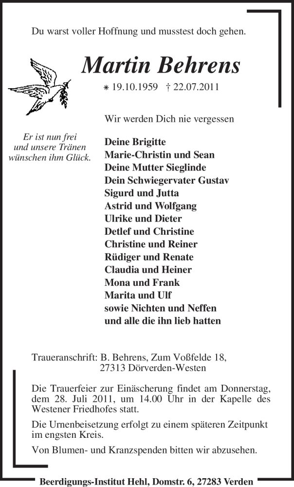 Traueranzeigen von Martin Behrens | trauer.kreiszeitung.de