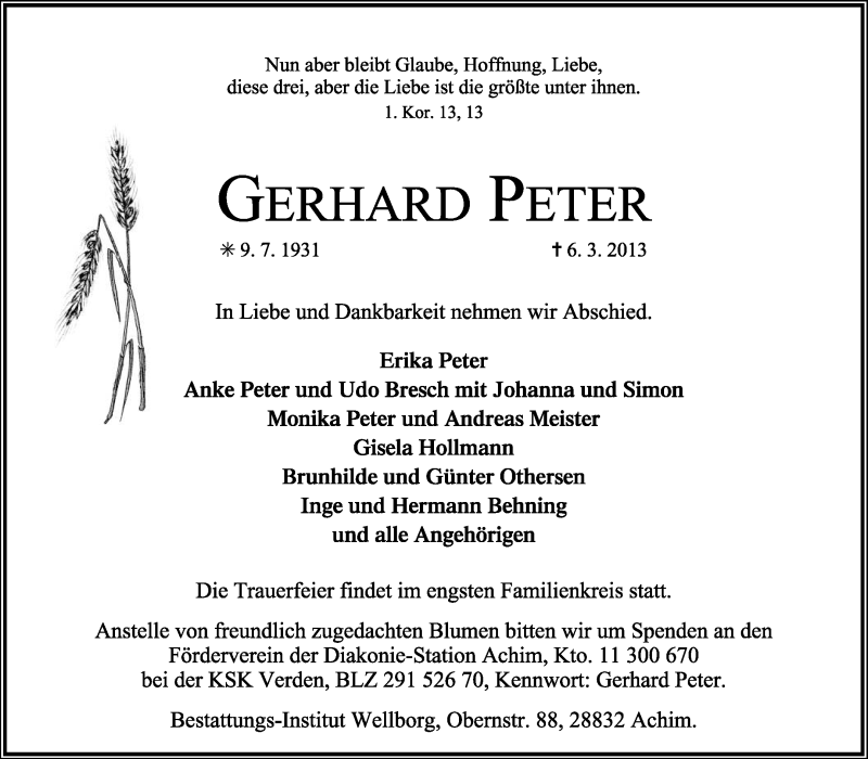 Traueranzeigen von Gerhard Peter | trauer.kreiszeitung.de