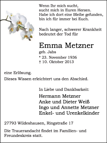 Traueranzeigen von Emma Metzner | trauer.kreiszeitung.de