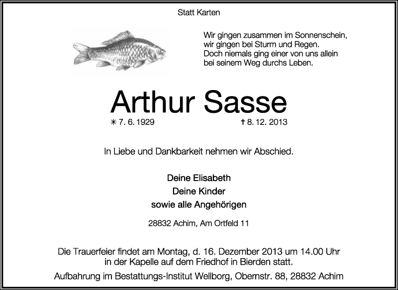 Traueranzeigen von Arthur Sasse | trauer.kreiszeitung.de