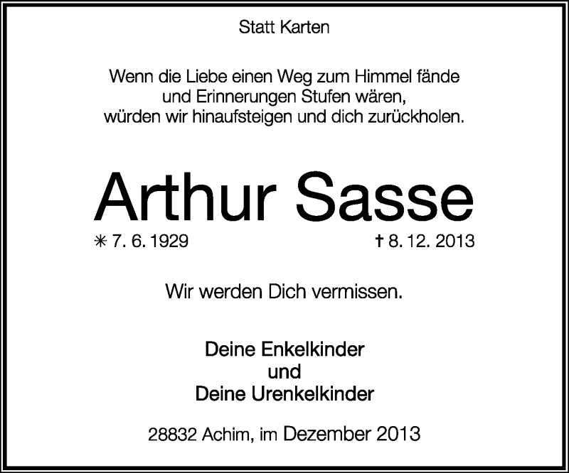 Traueranzeigen von Arthur Sasse | trauer.kreiszeitung.de