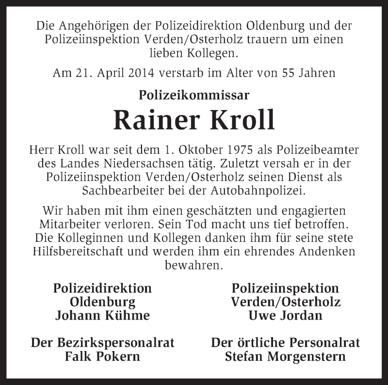 Traueranzeigen von Rainer Kroll | trauer.kreiszeitung.de