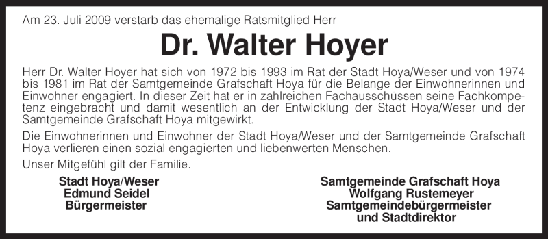 Traueranzeigen von Walter Hoyer | trauer.kreiszeitung.de