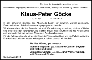 Traueranzeigen von Klaus-Peter Göcke | trauer.kreiszeitung.de