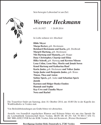 Traueranzeigen von Werner Heckmann | trauer.kreiszeitung.de