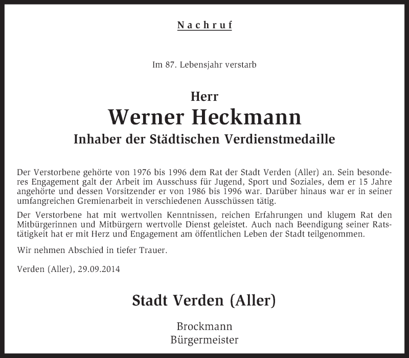 Traueranzeigen von Werner Heckmann | trauer.kreiszeitung.de