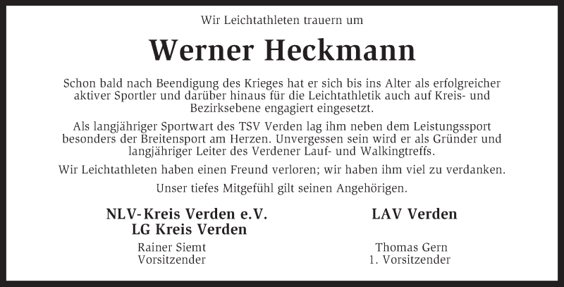 Traueranzeigen von Werner Heckmann | trauer.kreiszeitung.de