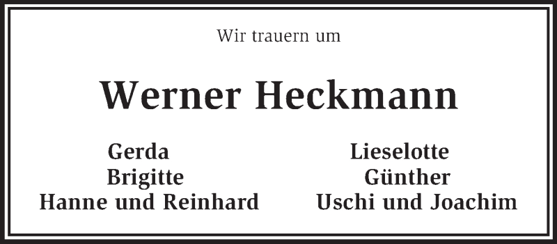 Traueranzeigen von Werner Heckmann | trauer.kreiszeitung.de