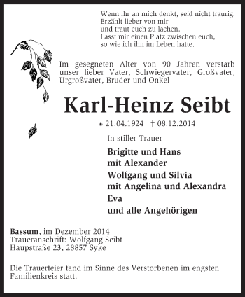 Traueranzeigen von Karl-Heinz Seibt | trauer.kreiszeitung.de