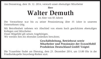 Traueranzeigen von Walter Demuth | trauer.kreiszeitung.de