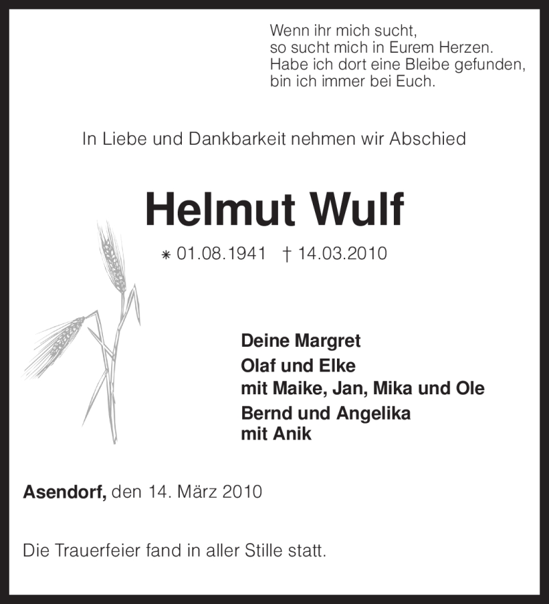 Traueranzeigen von Helmut Wulf | trauer.kreiszeitung.de