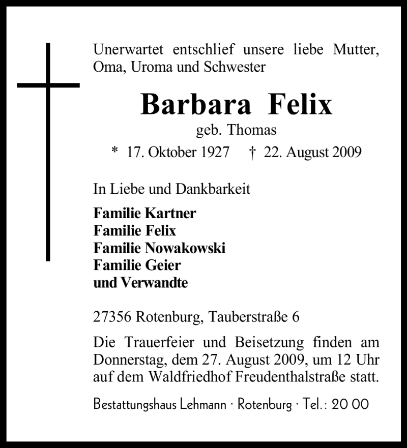 Traueranzeigen von Barbara Felix | trauer.kreiszeitung.de