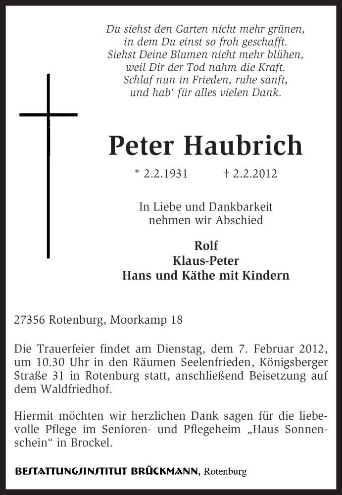 Traueranzeigen von Peter Haubrich | trauer.kreiszeitung.de