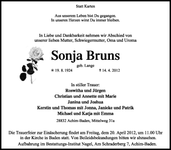 Traueranzeigen von Sonja Bruns | trauer.kreiszeitung.de
