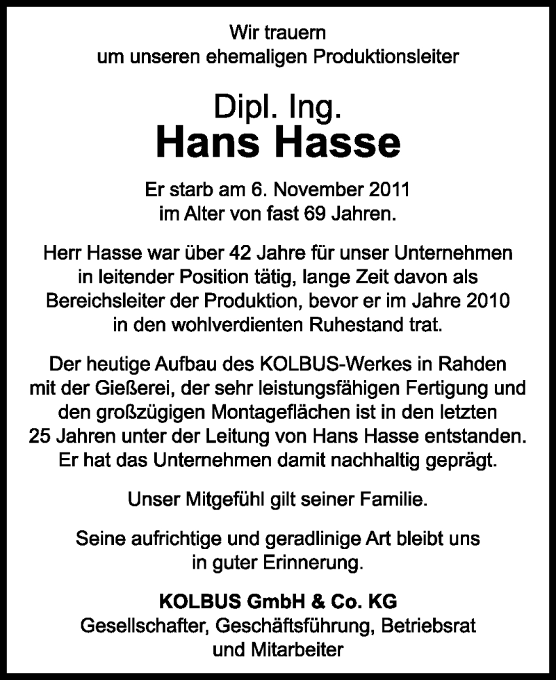 Traueranzeigen von Hans Hasse | trauer.kreiszeitung.de