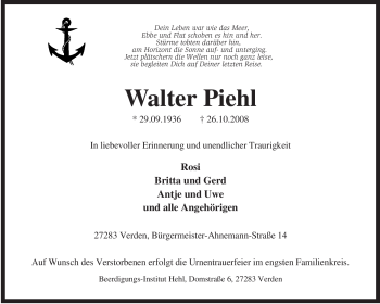 Traueranzeigen von Walter Piehl | trauer.kreiszeitung.de