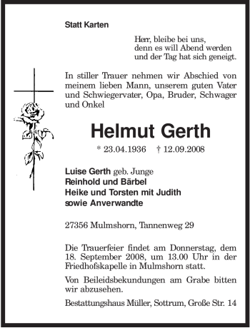 Traueranzeigen von Helmut Gerth | trauer.kreiszeitung.de