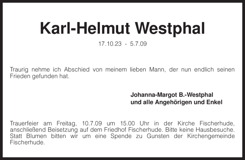 Traueranzeigen von Karl-Helmut Westphal | trauer.kreiszeitung.de