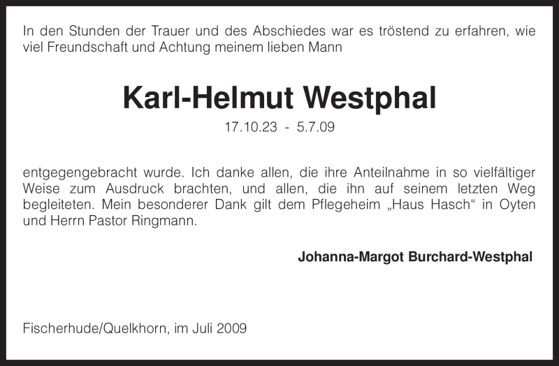Traueranzeigen von Karl-Helmut Westphal | trauer.kreiszeitung.de