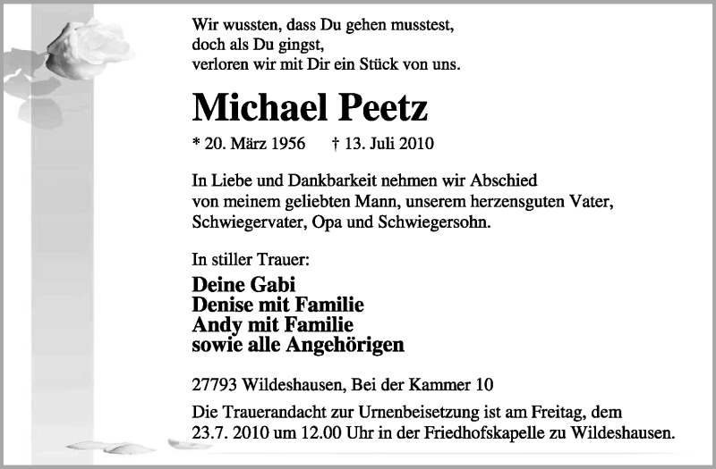 Traueranzeigen von Michael Peetz | trauer.kreiszeitung.de