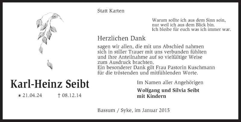 Traueranzeigen von Karl-Heinz Seibt | trauer.kreiszeitung.de
