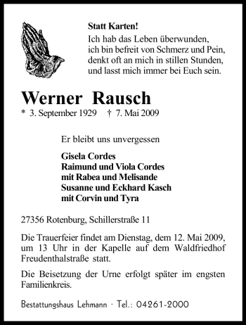 Traueranzeigen von Werner Rausch | trauer.kreiszeitung.de