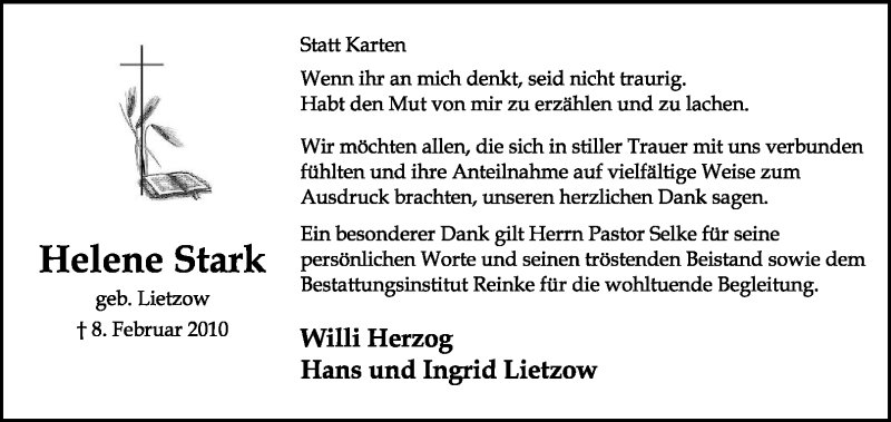 Traueranzeigen von Helene Stark | trauer.kreiszeitung.de