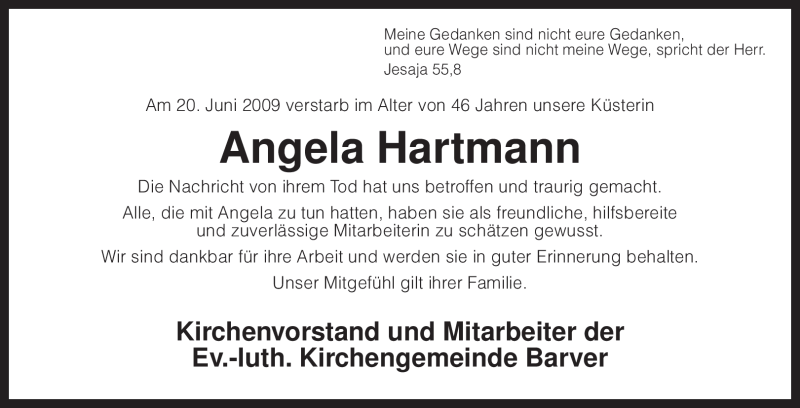 Traueranzeigen von Angela Hartmann | trauer.kreiszeitung.de