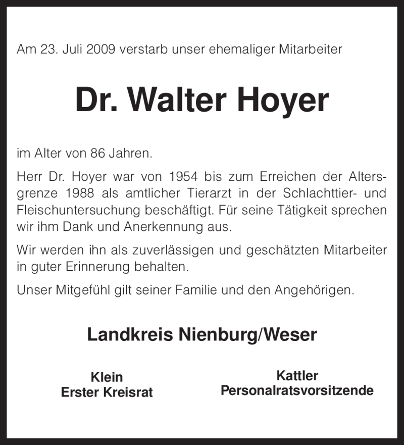 Traueranzeigen von Walter Hoyer | trauer.kreiszeitung.de
