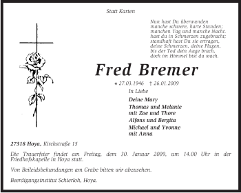 Traueranzeigen von Fred Bremer | trauer.kreiszeitung.de