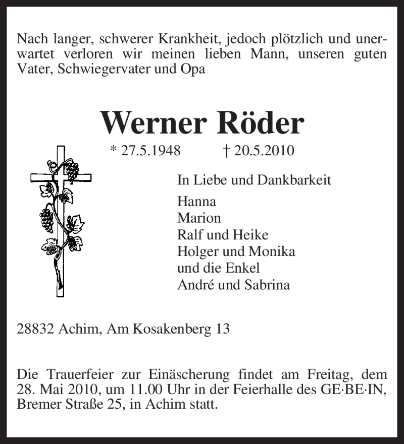 Traueranzeigen von Werner Röder | trauer.kreiszeitung.de