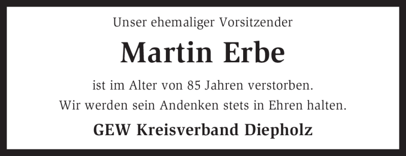Traueranzeigen von Martin Erbe | trauer.kreiszeitung.de
