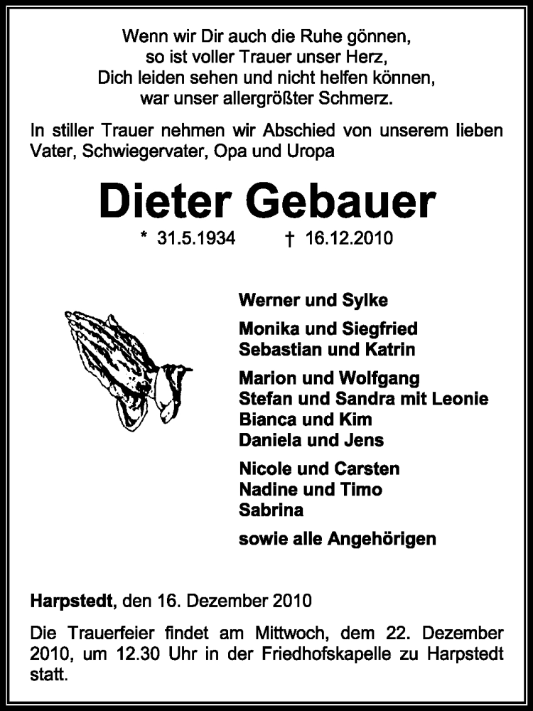 Traueranzeigen von Dieter Gebauer | trauer.kreiszeitung.de