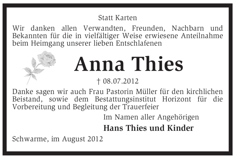 Traueranzeigen von Anna Thies | trauer.kreiszeitung.de