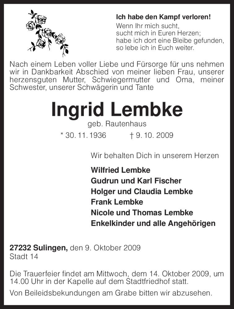 Traueranzeigen von Ingrid Lembke | trauer.kreiszeitung.de