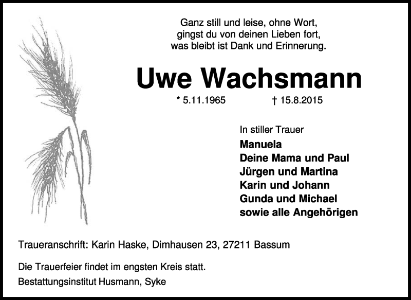 Traueranzeigen von Uwe Wachsmann | trauer.kreiszeitung.de