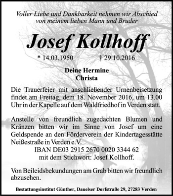 Traueranzeigen von Josef Kollhoff | trauer.kreiszeitung.de