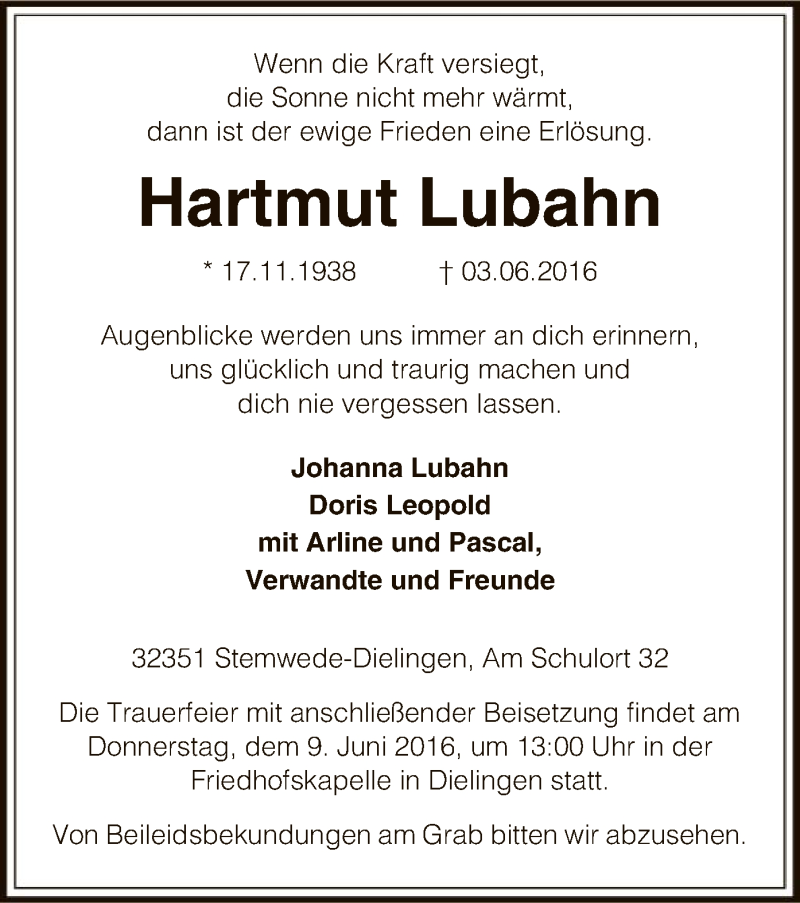 Traueranzeigen von Hartmut Lubahn | trauer.kreiszeitung.de