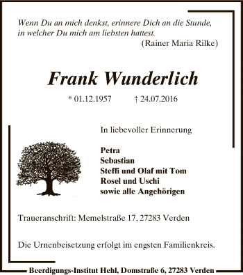 Traueranzeigen von Frank Wunderlich | trauer.kreiszeitung.de