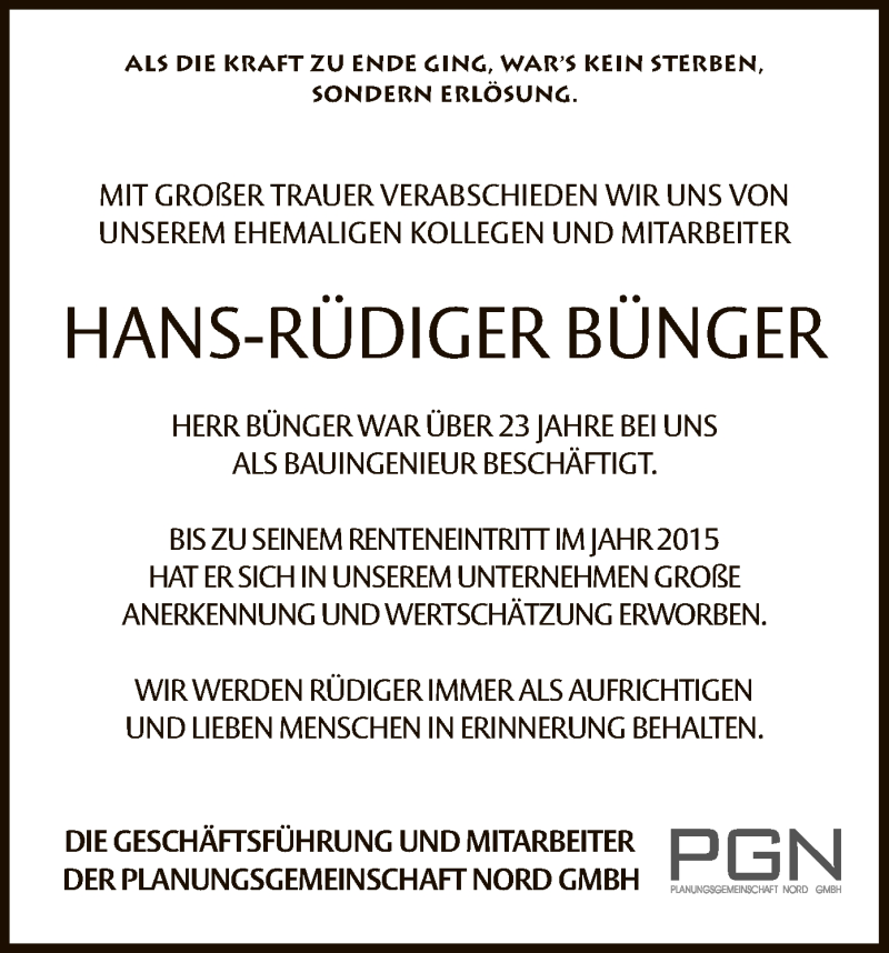 Traueranzeigen von Hans-Rüdiger Bünger | trauer.kreiszeitung.de