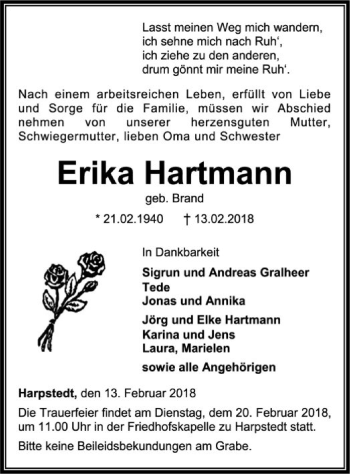 Traueranzeigen von Erika Hartmann | trauer.kreiszeitung.de