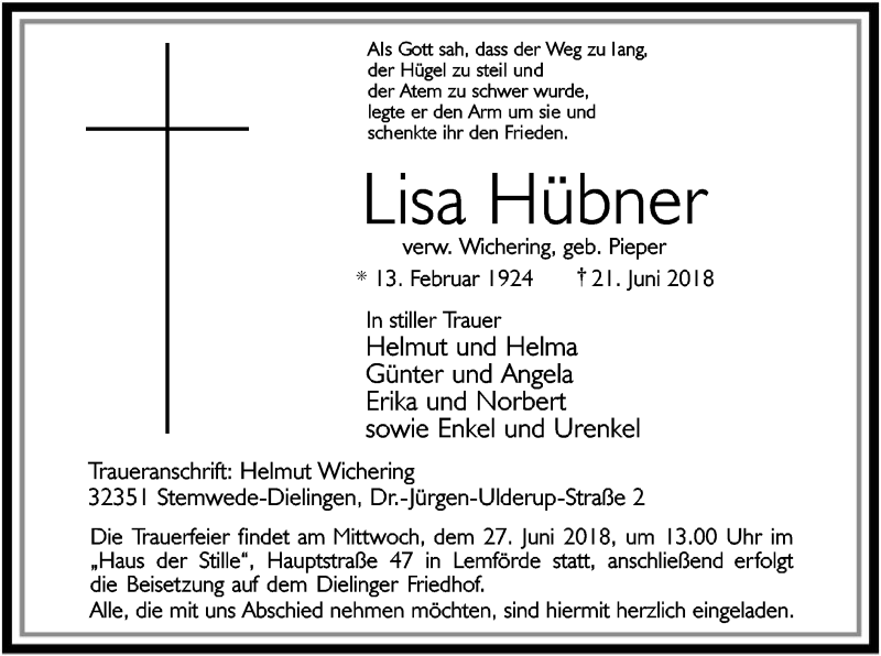 Traueranzeigen von Lisa Hübner | trauer.kreiszeitung.de