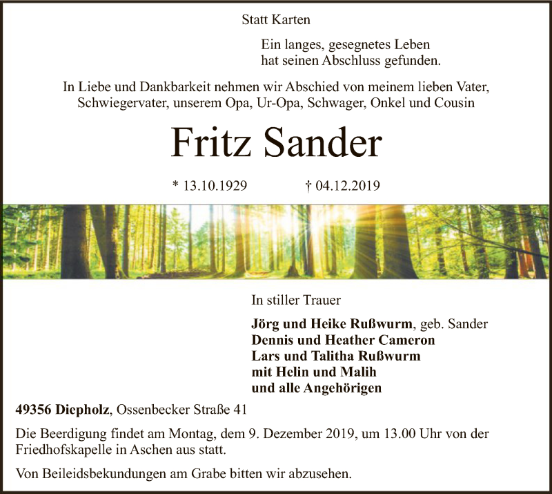 Traueranzeigen von Fritz Sander | trauer.kreiszeitung.de