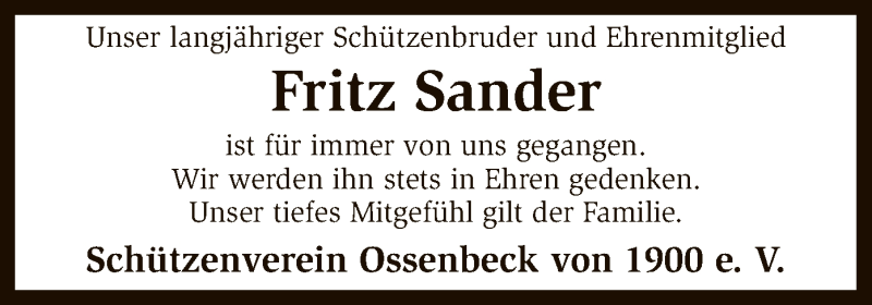 Traueranzeigen von Fritz Sander | trauer.kreiszeitung.de