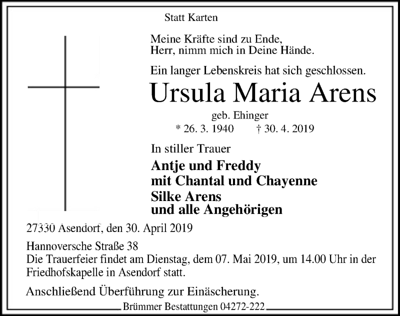 Traueranzeigen von Ursula Maria Arens | trauer.kreiszeitung.de