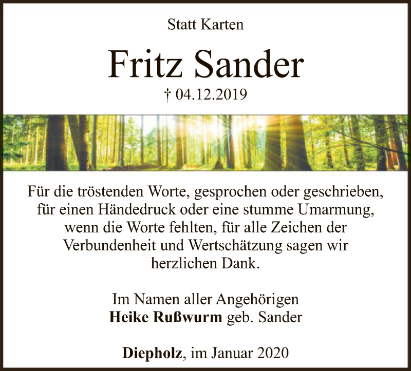 Traueranzeigen von Fritz Sander | trauer.kreiszeitung.de