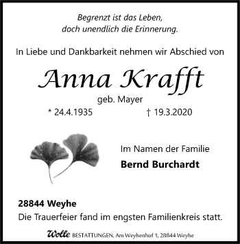 Traueranzeigen von Anna Krafft | trauer.kreiszeitung.de