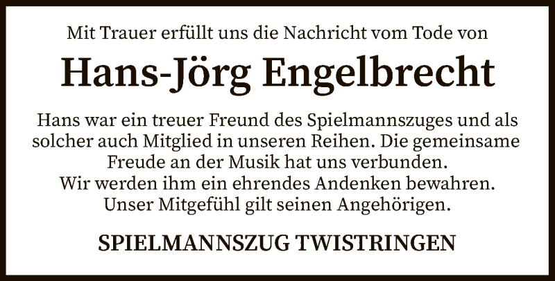 Traueranzeigen von Hans Jörg Engelbrecht | trauer.kreiszeitung.de
