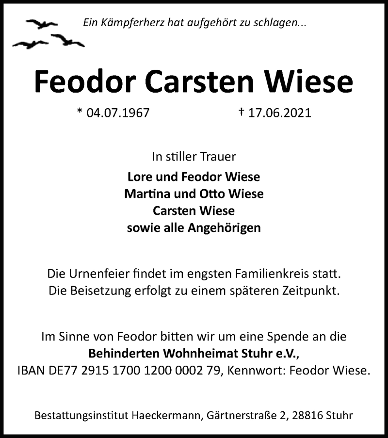 Traueranzeigen von Feodor Carsten Wiese | trauer.kreiszeitung.de