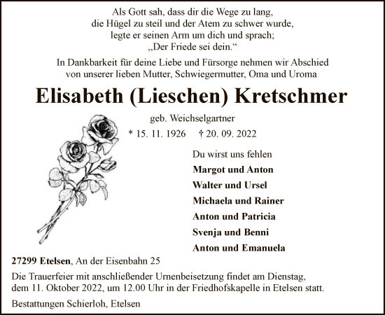 Traueranzeigen von Elisabeth Kretschmer | trauer.kreiszeitung.de